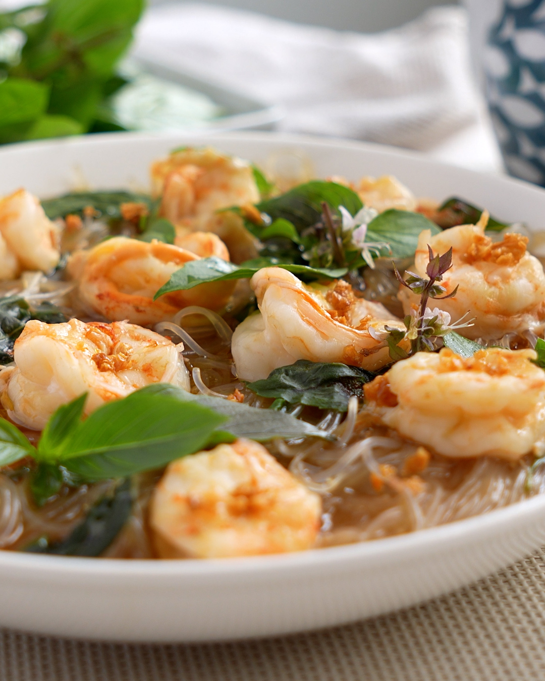 Steamed Prawns with Glass Noodles and Thai Basil